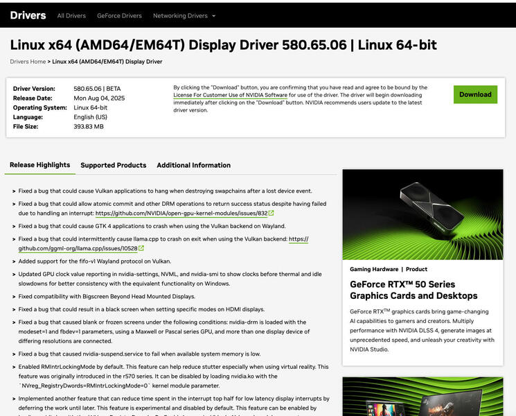 NVIDIA R580 Linux-Beta-Treiber mit Unterstützung für das fifo-v1-Protokoll und VR-Verbesserungen ...